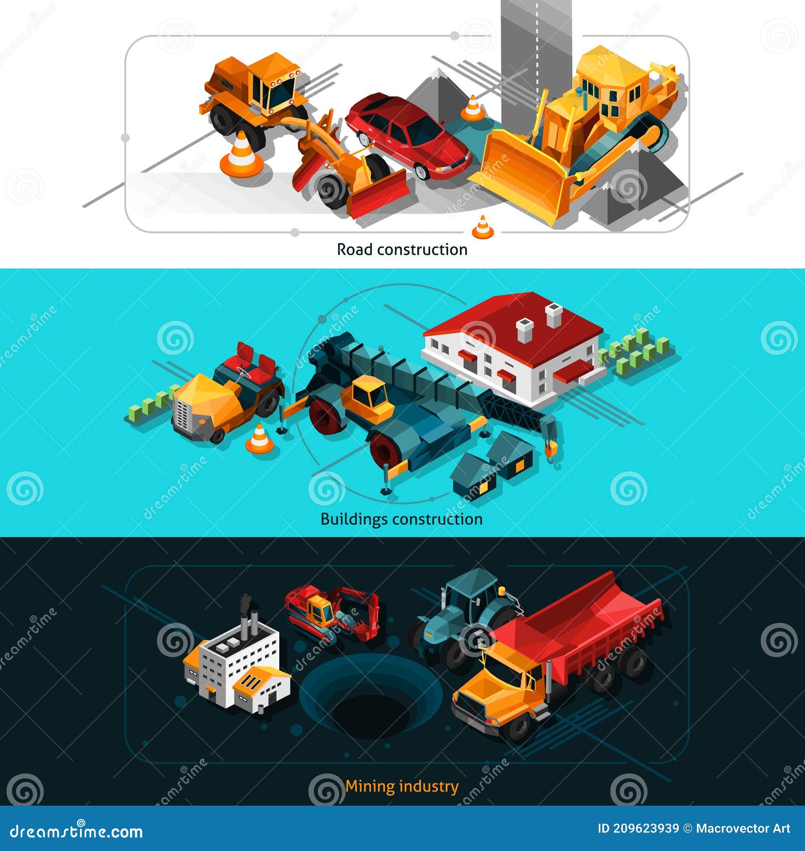 Isometric Construction Machines Banners Stock Vector - Illustration of ...