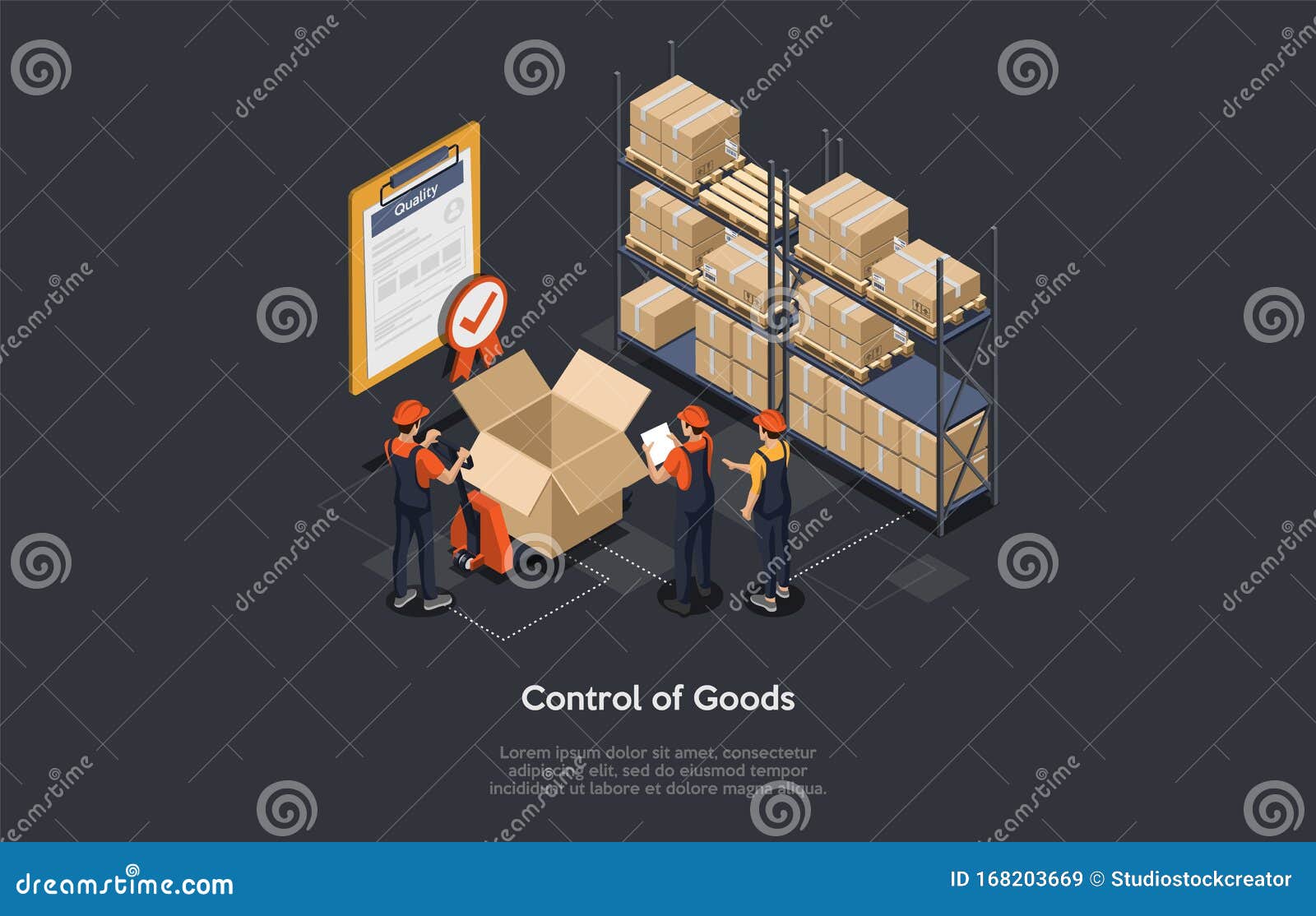 Isometric Control Of Goods Concept. Warehouse Workers Are Checking ...
