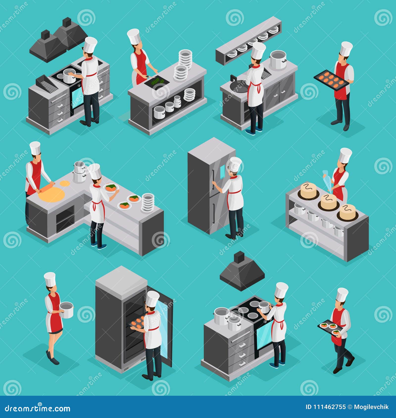 Isometric Cooking Process Elements Set Stock Vector - Illustration of ...