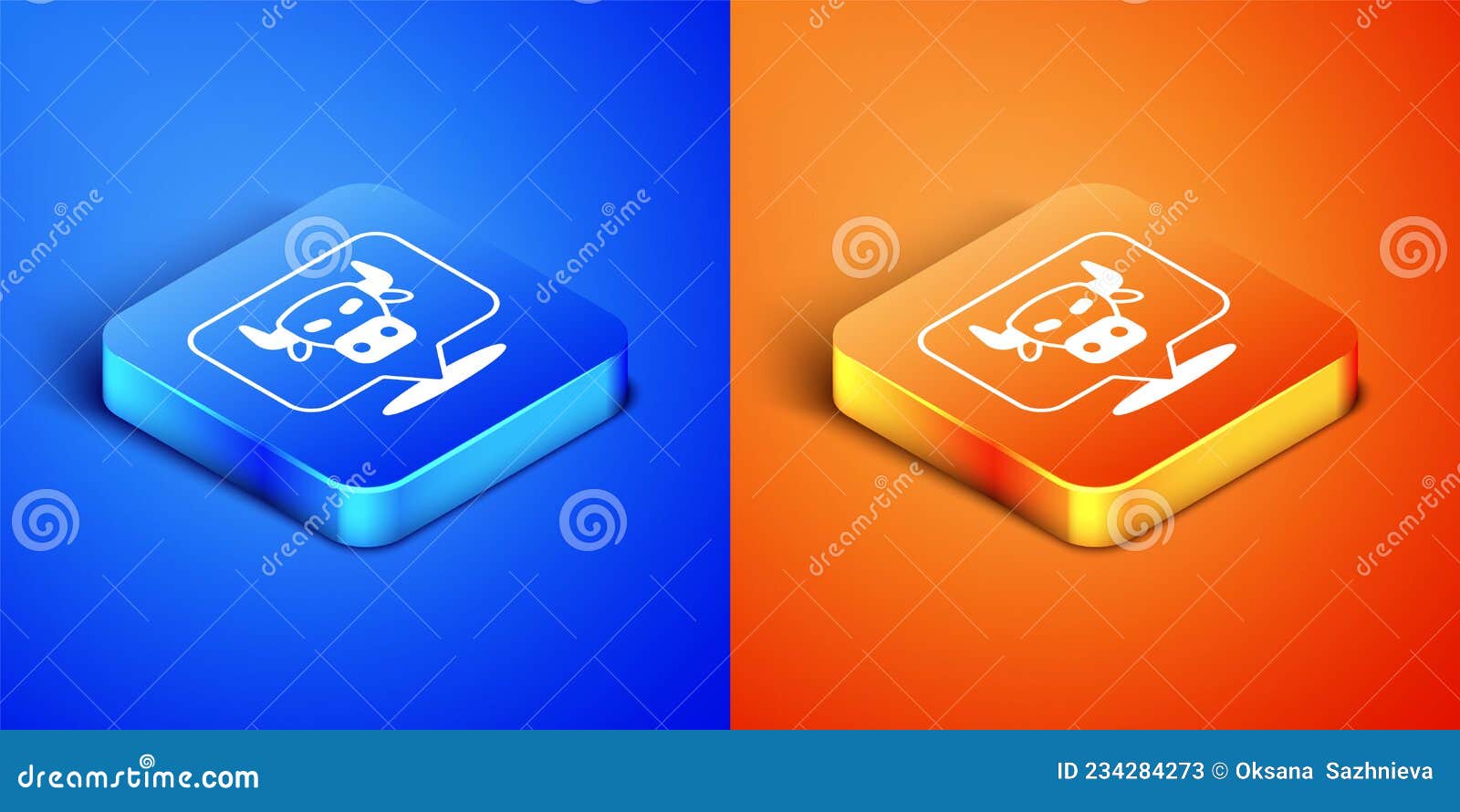 Isometric Cow Head Icon Isolated on Blue and Orange Background. Square ...