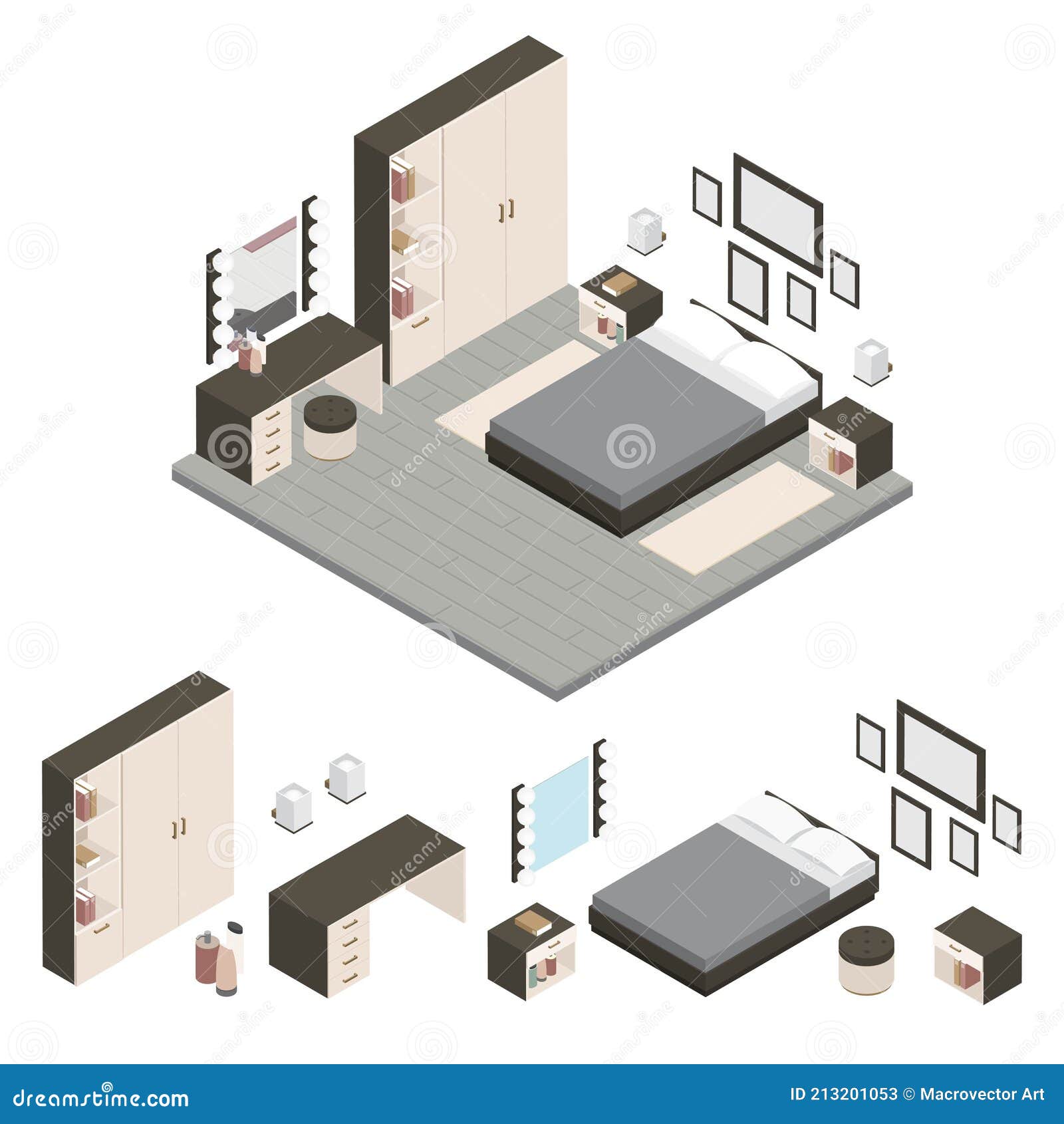 Isometric Create a Bedroom Icon Set Stock Vector - Illustration of ...