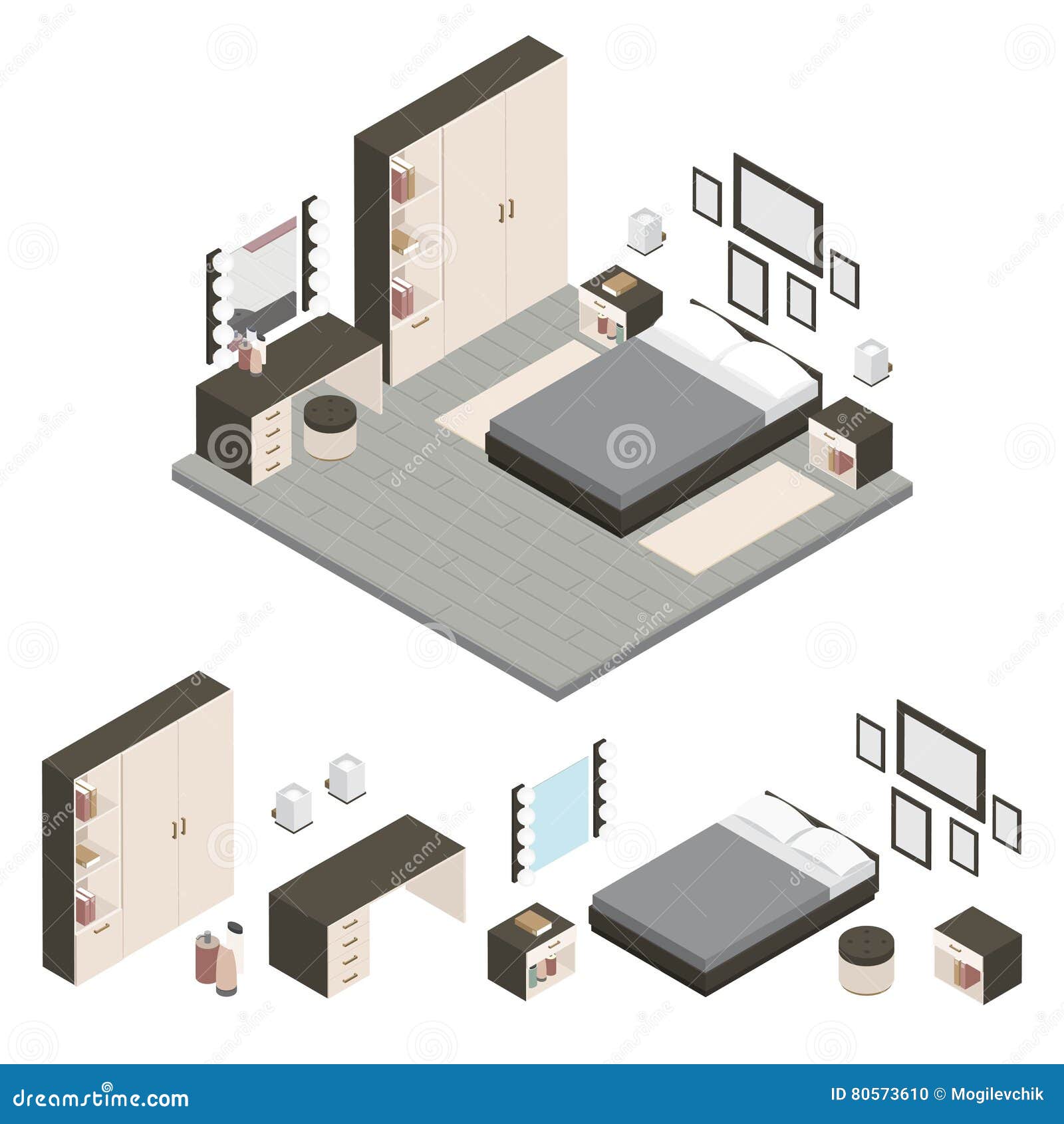 Isometric Create a Bedroom Icon Set Stock Vector - Illustration of ...