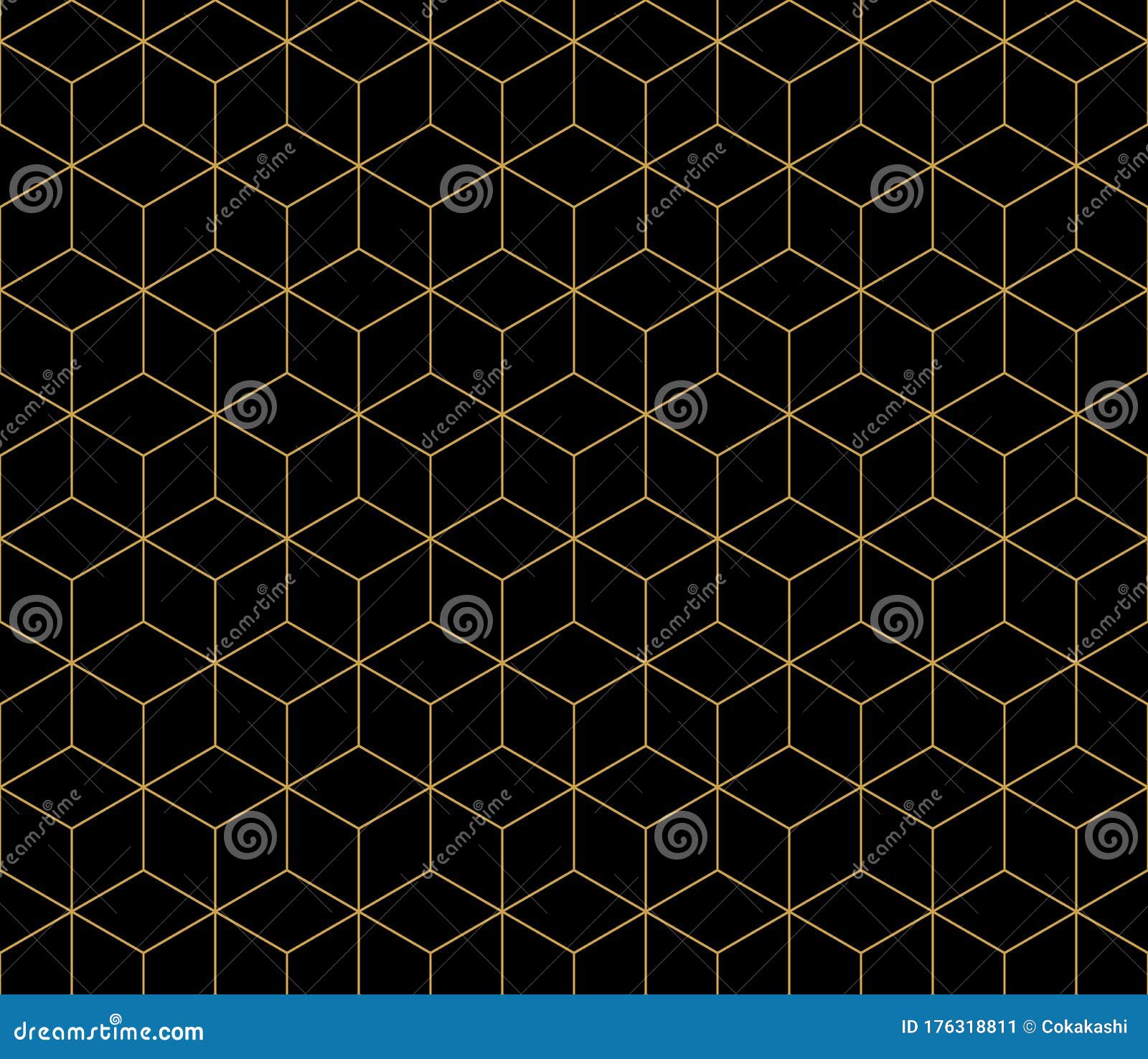 Isometric Cube Gold Line Seamless Pattern on Black Background. Stock ...