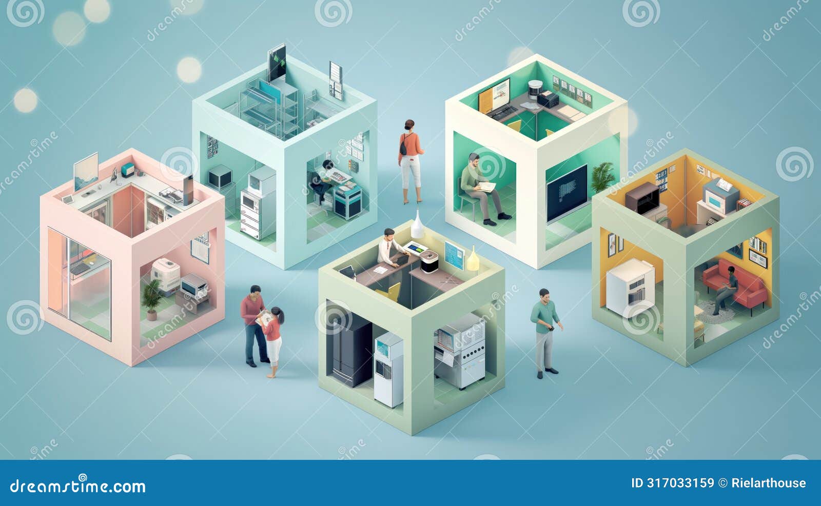 Isometric Cube Office with Peoples Inside Doing Their Works Stock ...