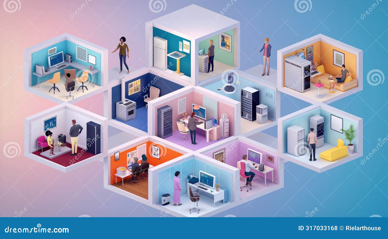 Isometric Cube Office with Peoples Inside Doing Their Works Stock ...