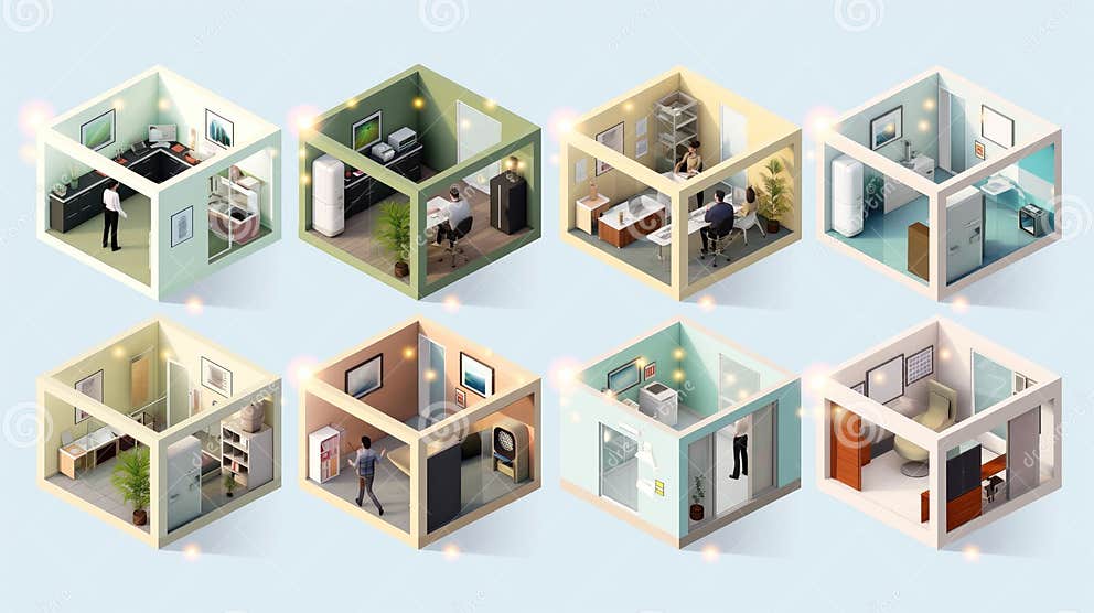 Isometric Cube Office with Peoples Inside Doing Their Works Stock ...