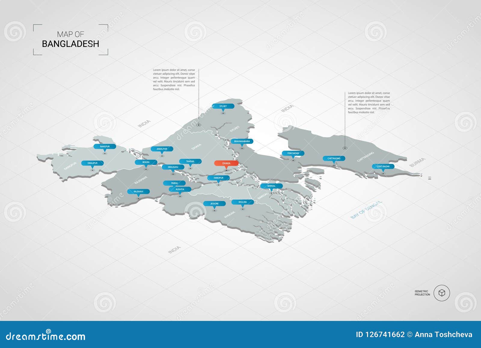 Isometric Bangladesh Map with City Names and Administrative Divisions ...