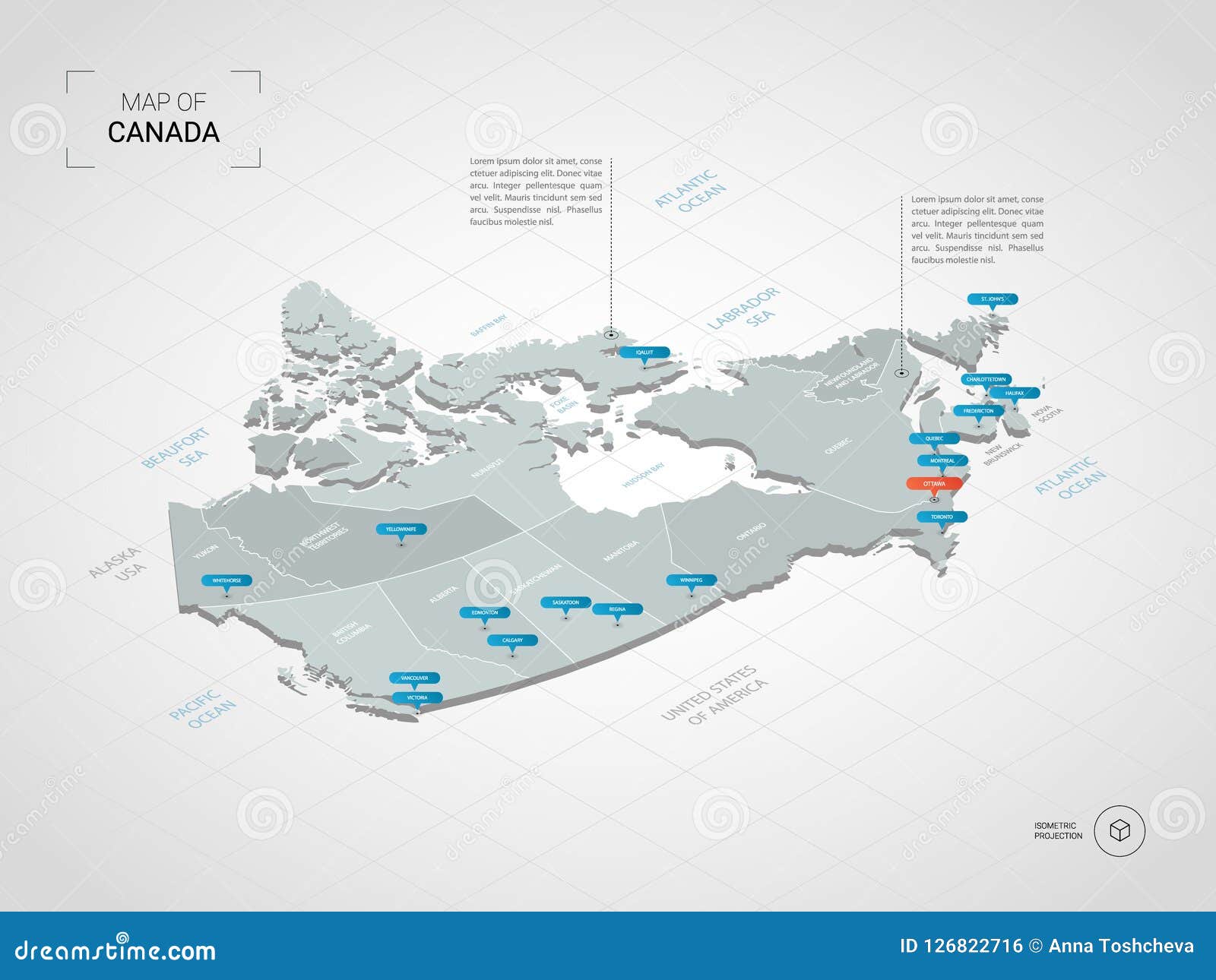 Isometric Canada Map With City Names And Administrative Division Vector ...
