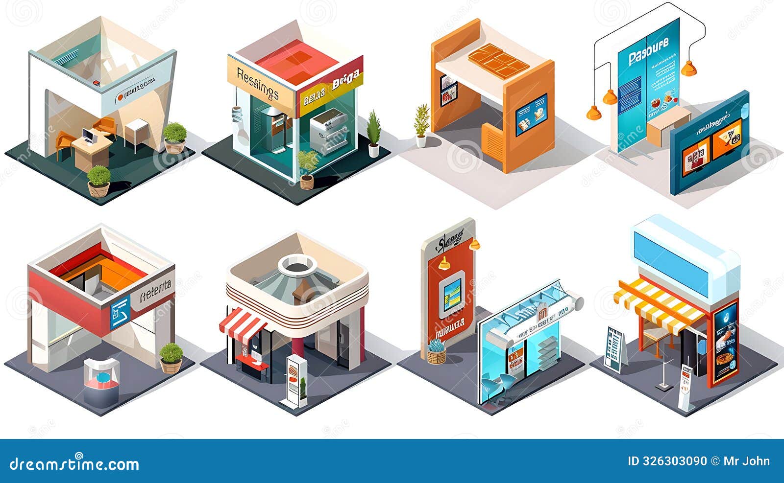 Isometric 3D Exhibition Booth and Promotional Stands Set in Art Stock ...