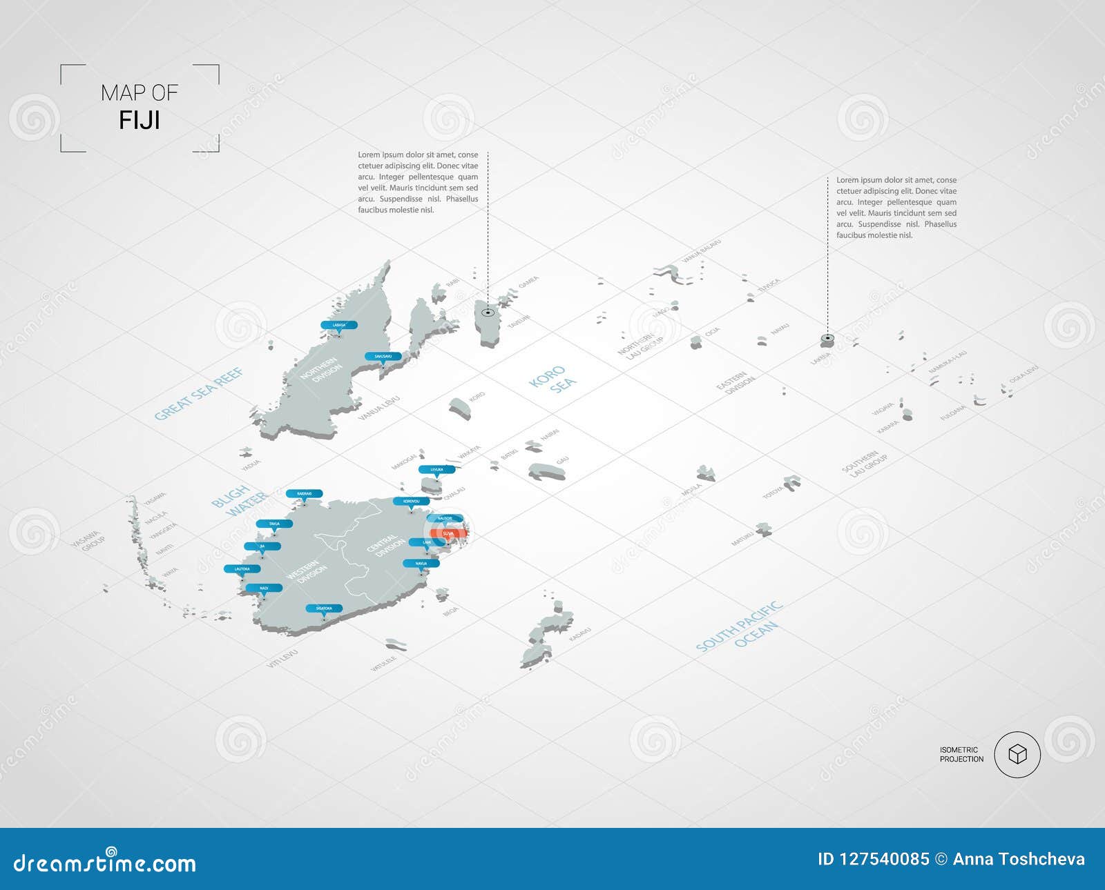 Isometric Fiji Map with City Names and Administrative Divisions. Stock ...