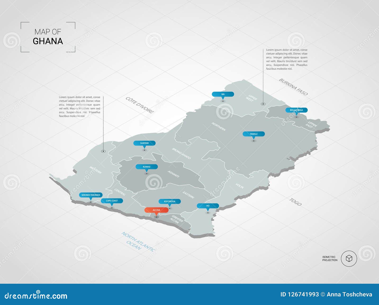 Isometric Ghana Map with City Names and Administrative Divisions Stock ...