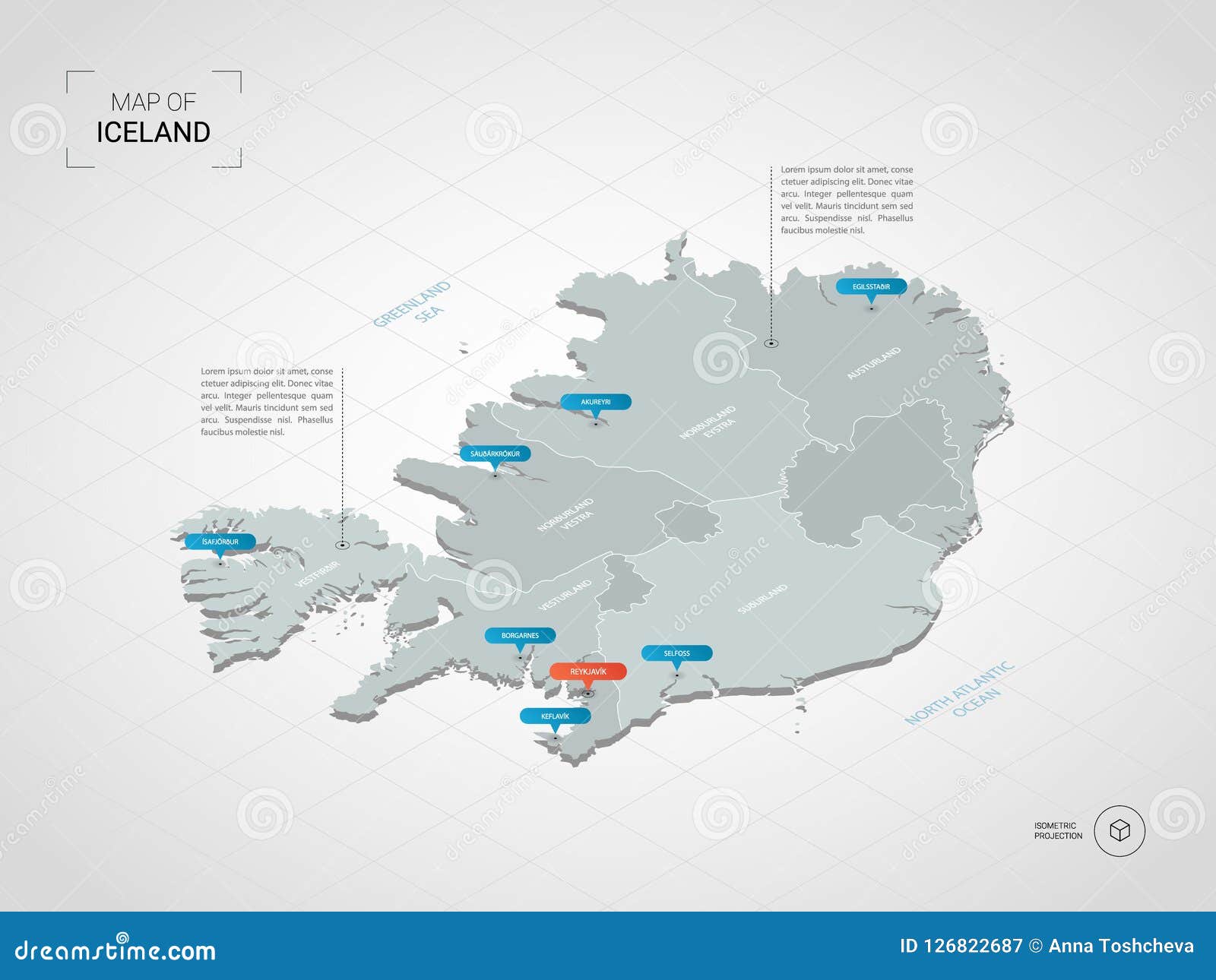 Isometric Iceland Map with City Names and Administrative Divisions ...