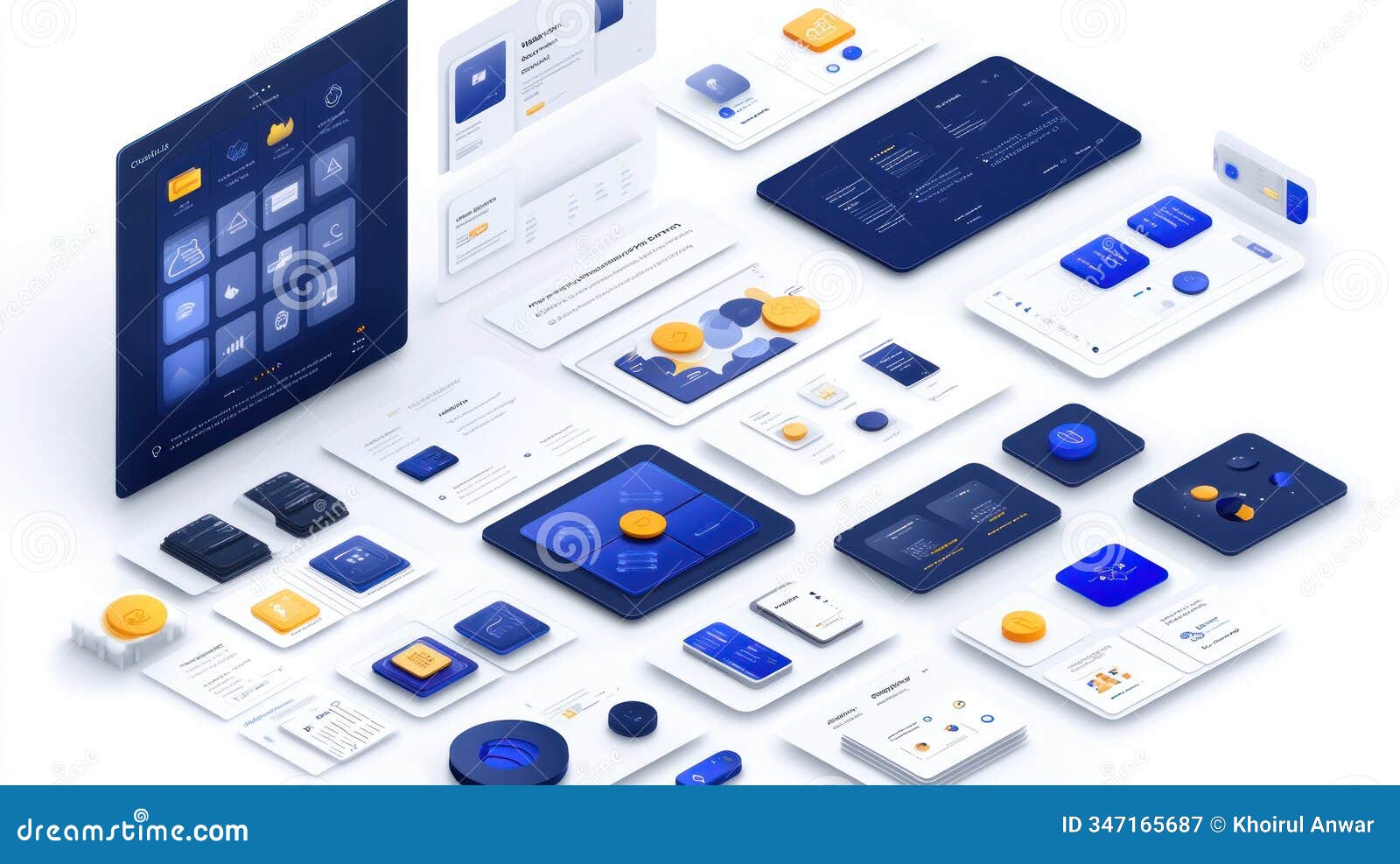 Isometric 3D Illustration of Mobile App Design UI Elements with Blue and Orange Details Stock ...