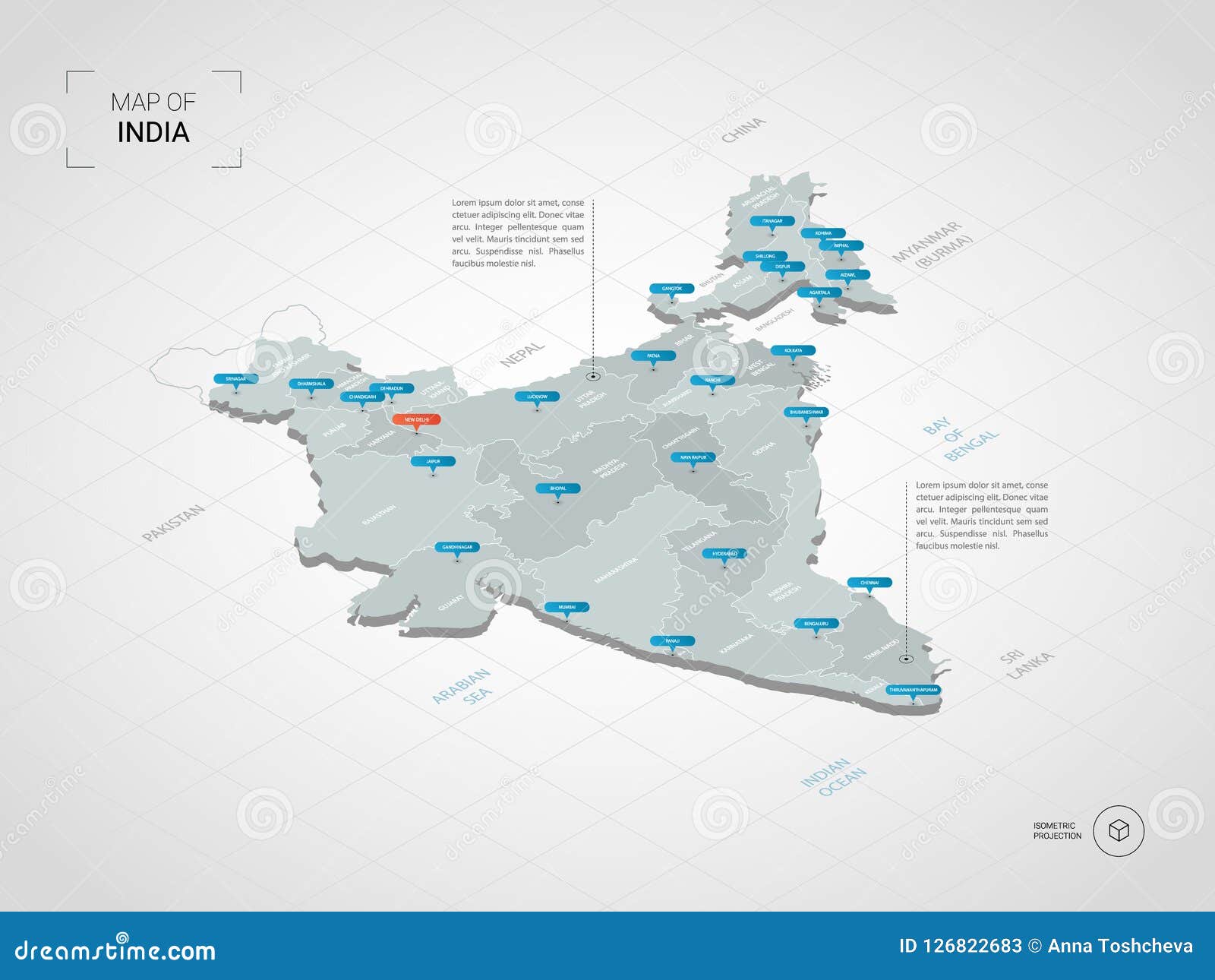 Isometric India Map with City Names and Administrative Divisions Stock ...