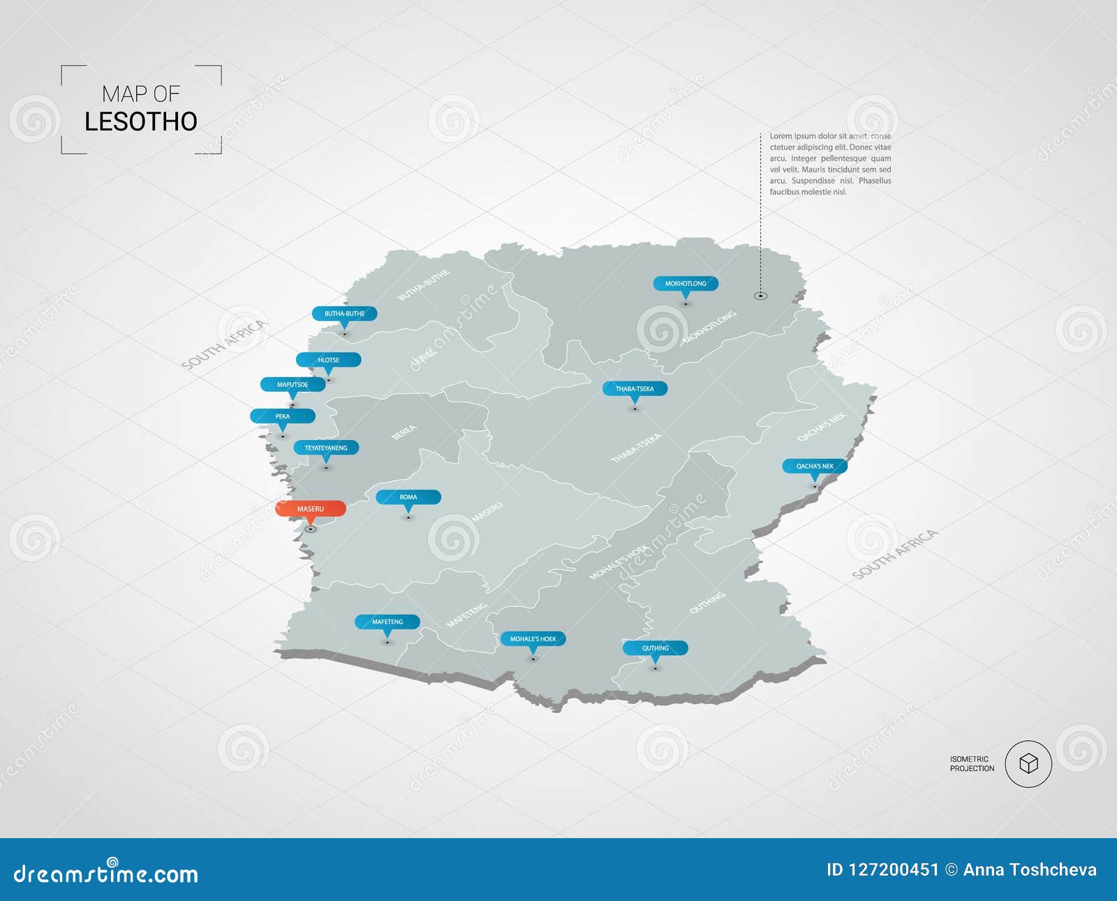 Isometric Lesotho Map with City Names and Administrative Divisions ...