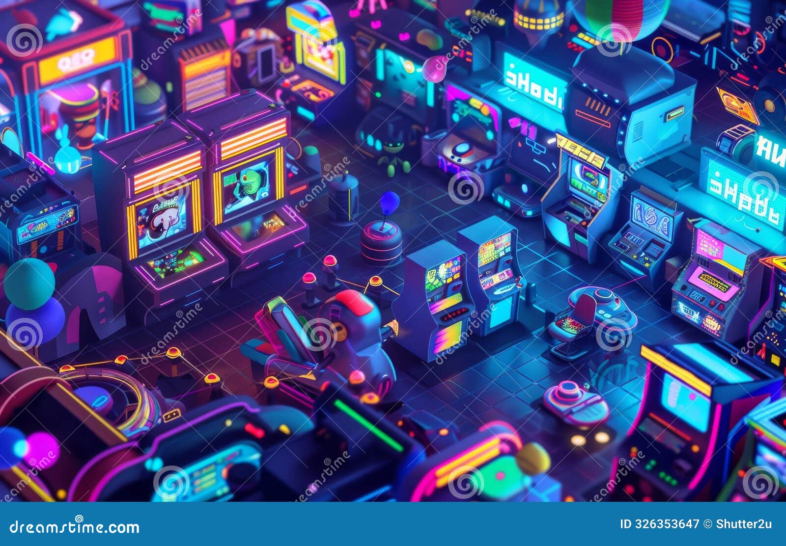 An Isometric 3D Model of a Vibrant Neonlit Arcade in the Future with ...