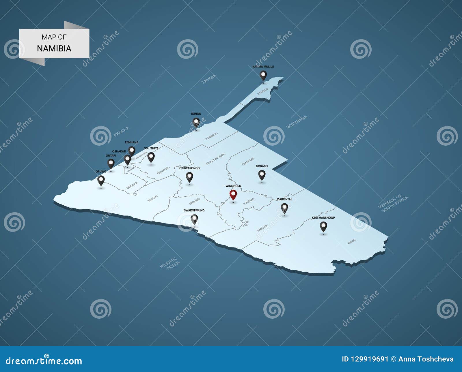 Isometric Namibia Map With City Names And Administrative Divisions ...