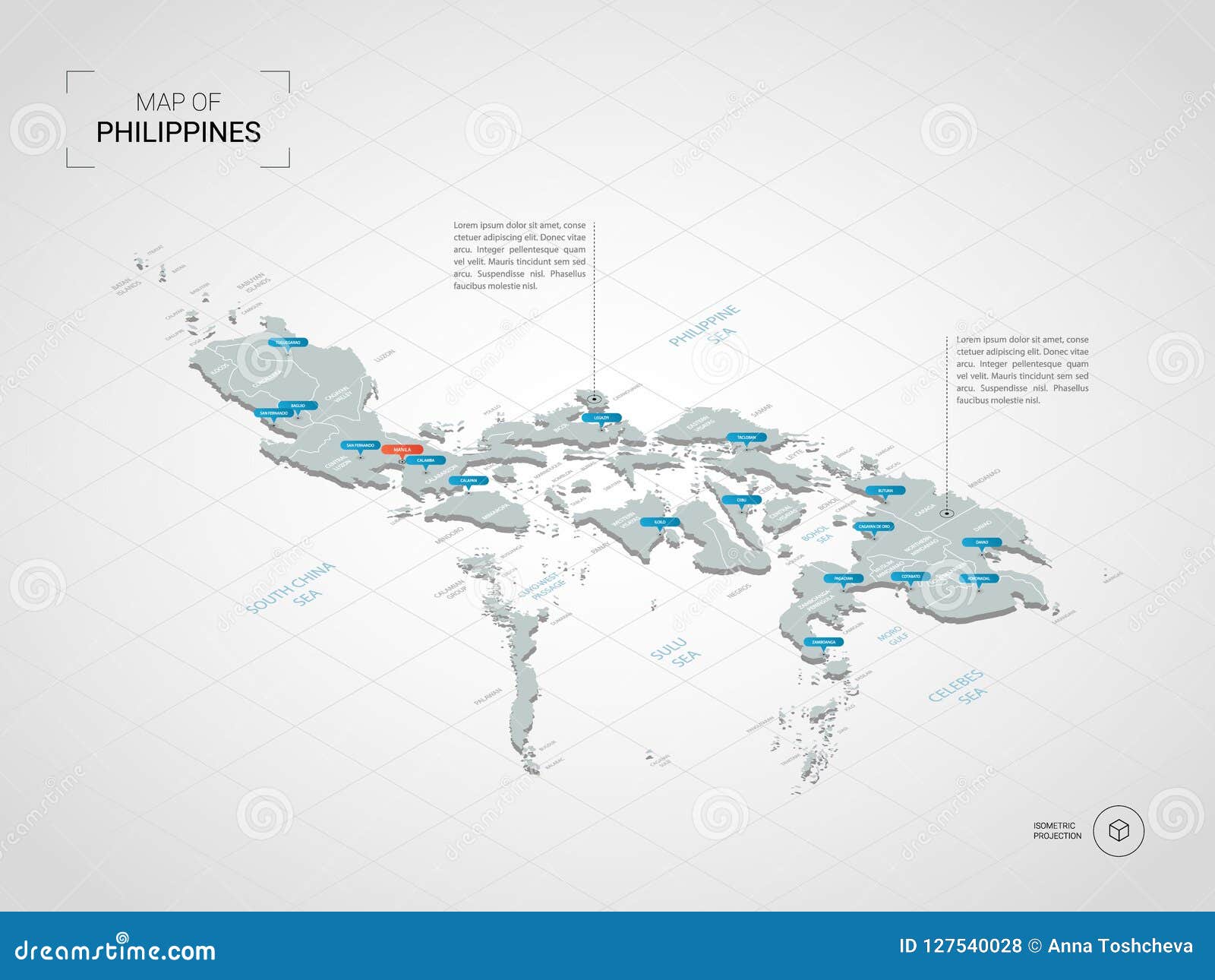 Isometric Philippines Map with City Names and Administrative Div Stock ...