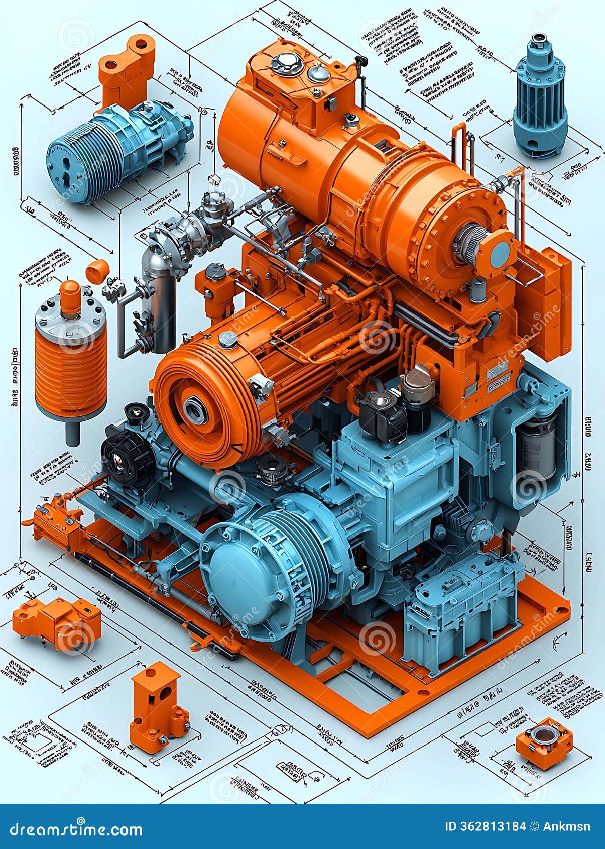 Isometric 3D Rendering of a Complex Machinery System, Exploded View ...