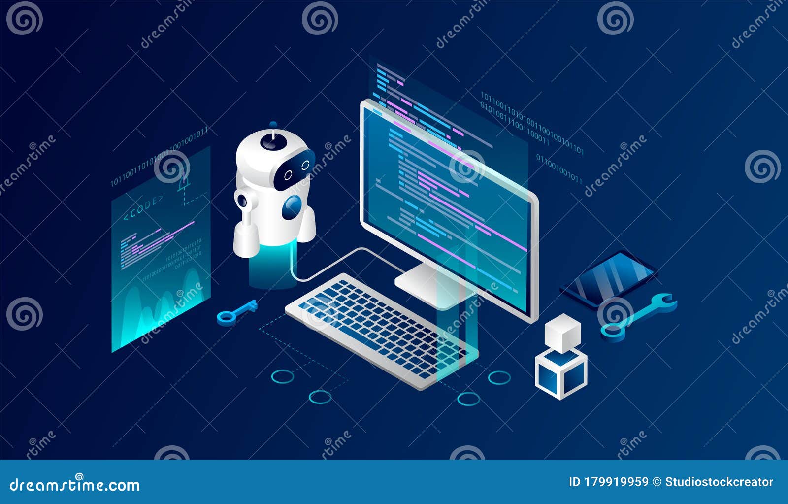 Isometric 3D Robotics Course Concept. Modern Robot Connected To ...