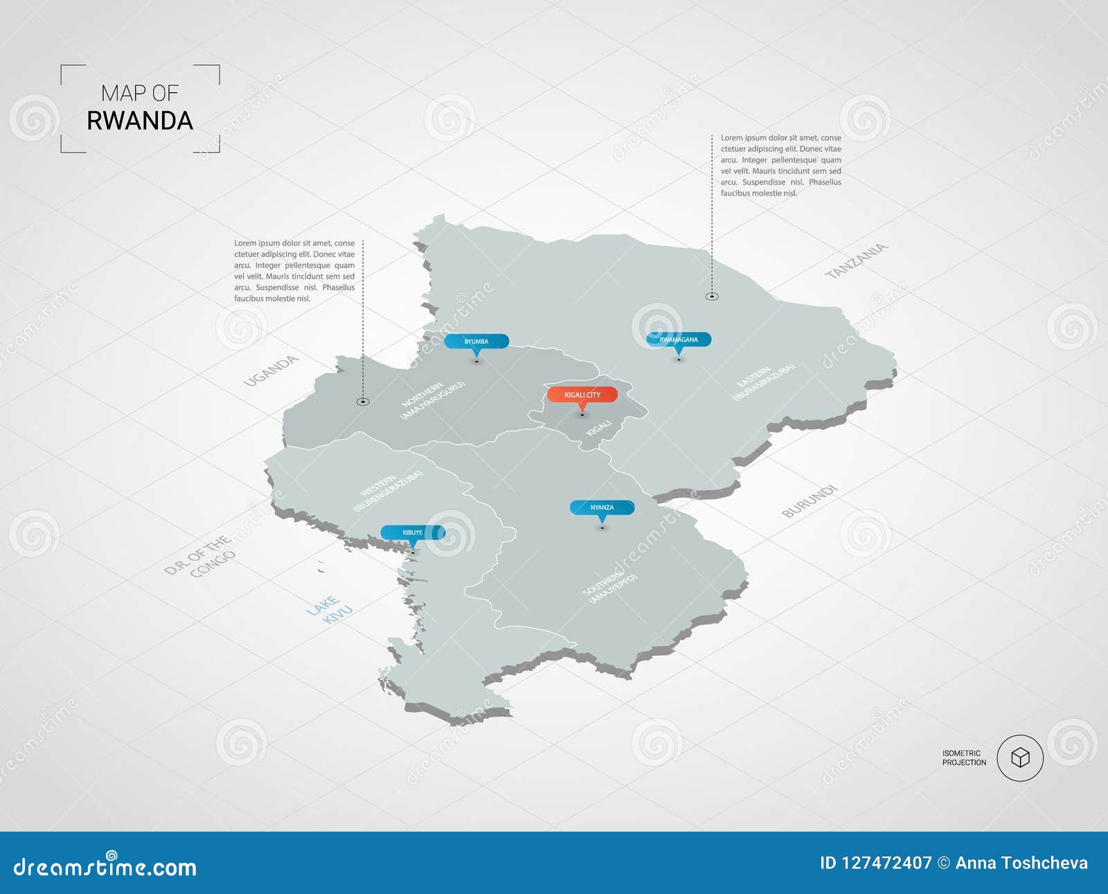 Isometric Rwanda Map with City Names and Administrative Division Stock ...