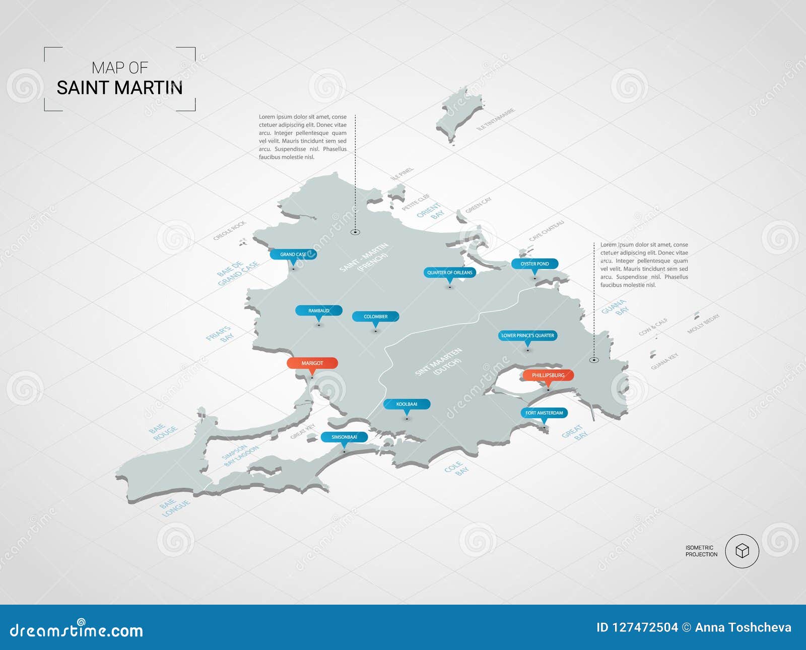 Isometric Saint Martin Map with City Names and Administrative Di Stock ...
