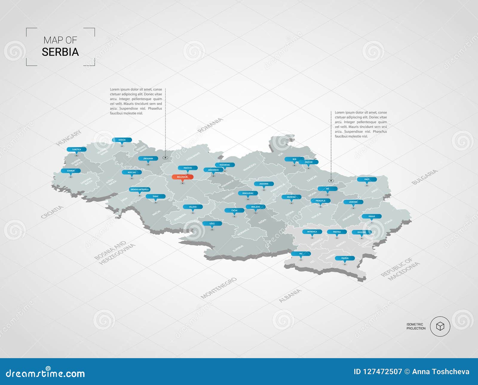Isometric Serbia Map with City Names and Administrative Division Stock ...