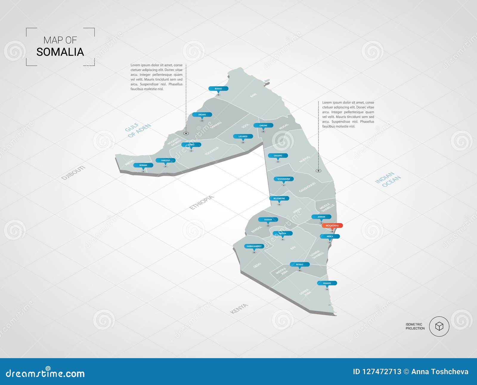 Isometric Somalia Map with City Names and Administrative Divisions ...