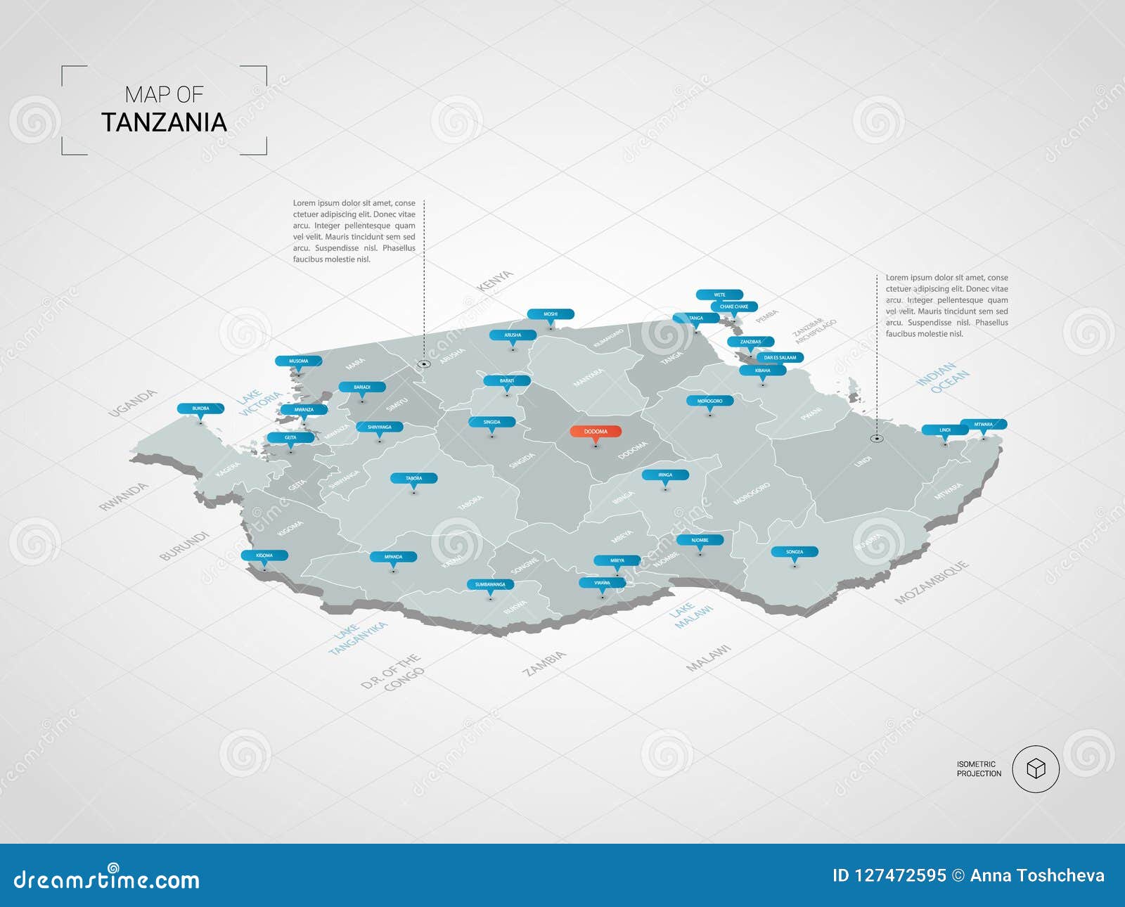 Isometric Tanzania Map with City Names and Administrative Divisions ...