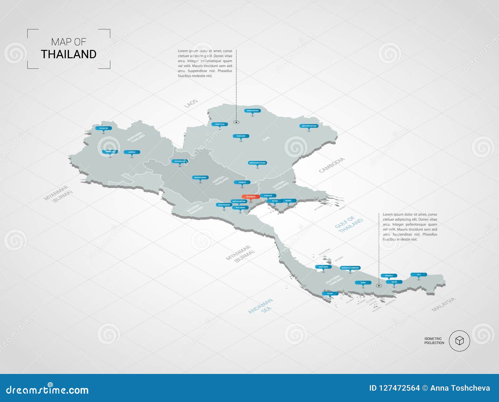 Isometric Thailand Map with City Names and Administrative Divisions ...
