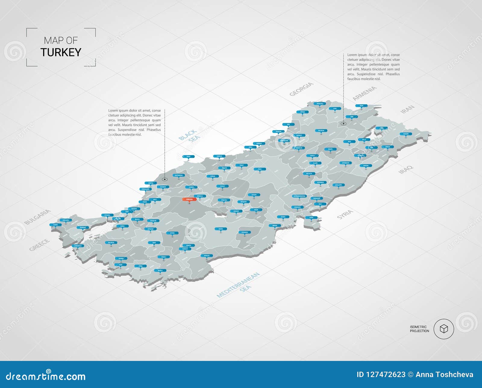 Isometric Turkey Map with City Names and Administrative Division Stock ...