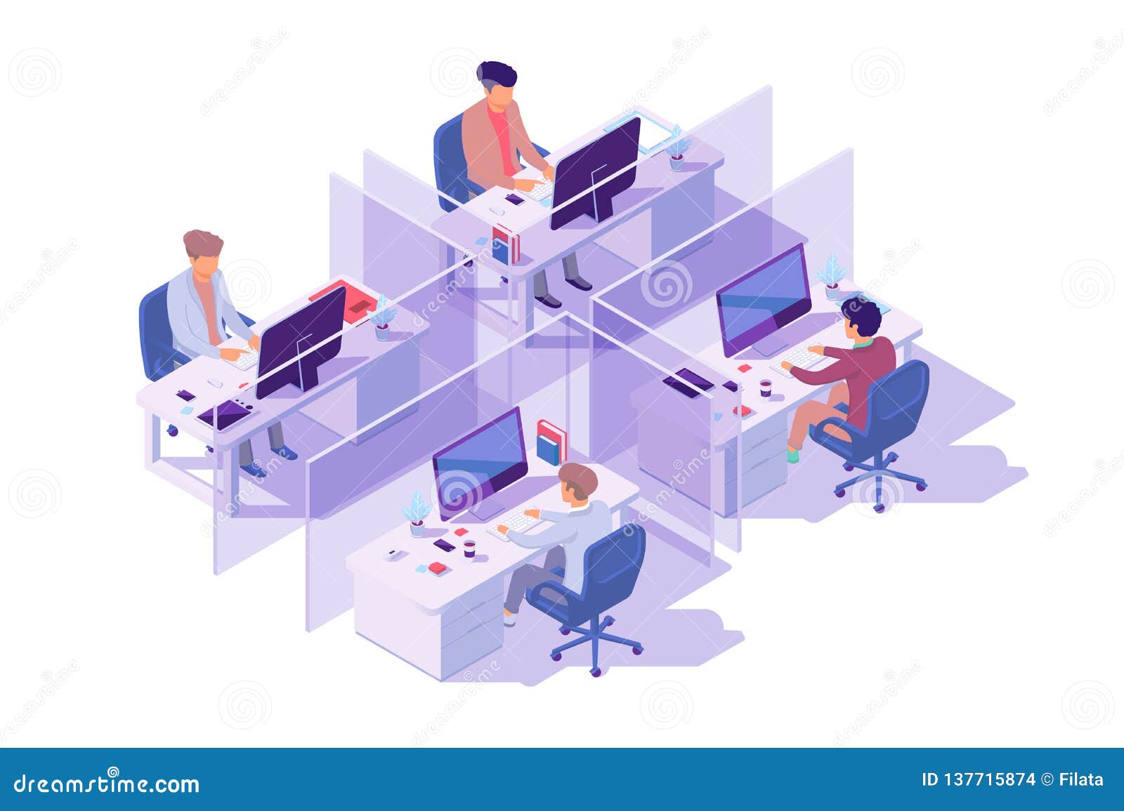 Isometric 3d Workplace With Four Sections And Businessman Programmer At