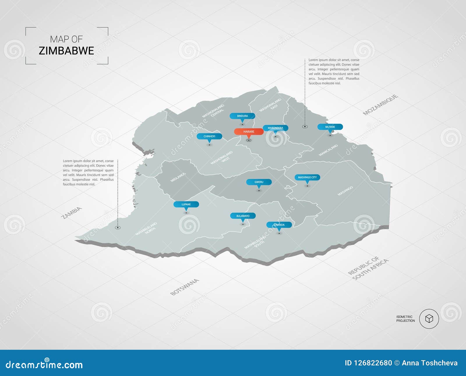 Isometric Zimbabwe Map with City Names and Administrative Divisions ...