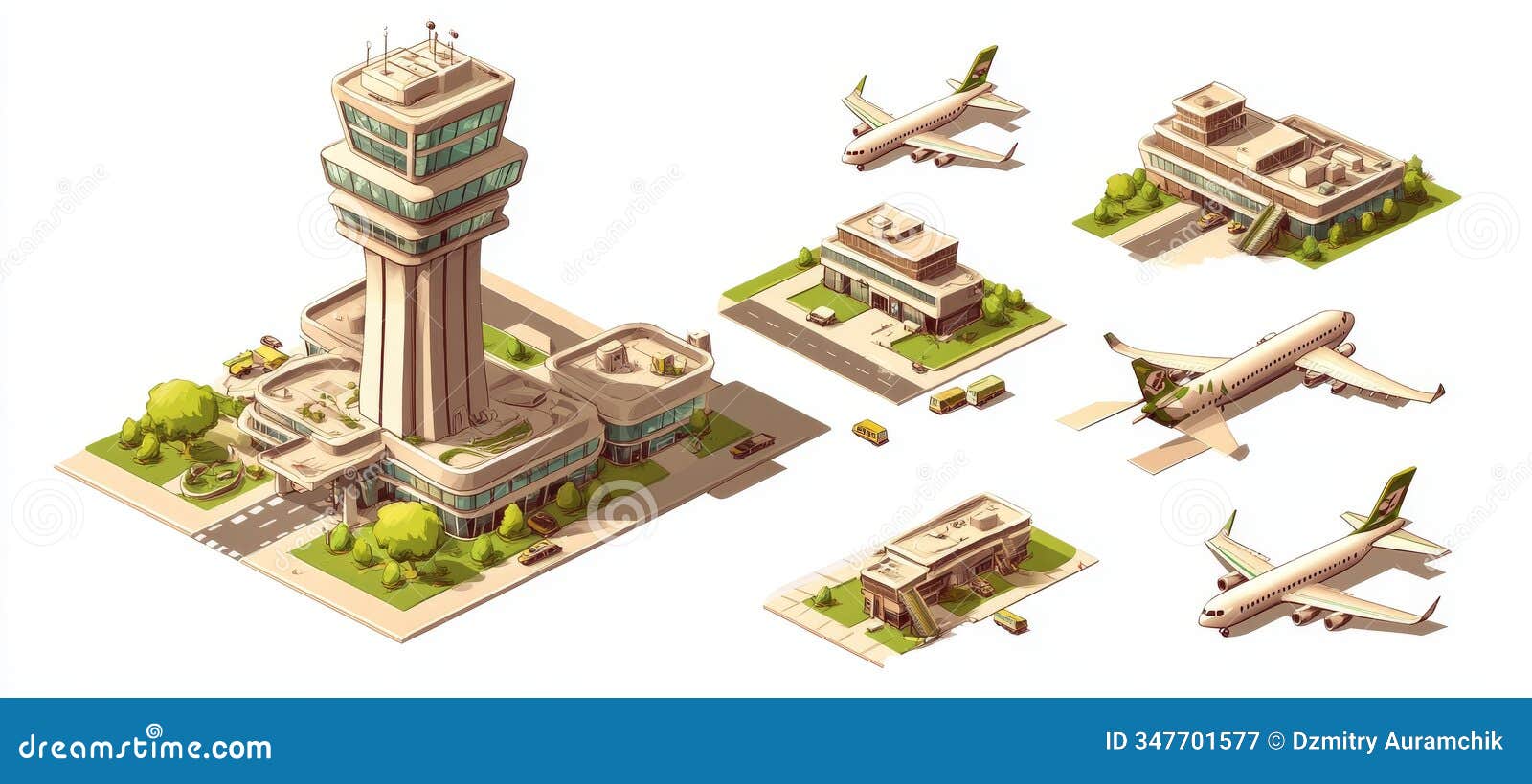 Isometric Depiction of an Airport Building and Runway, Featuring a ...