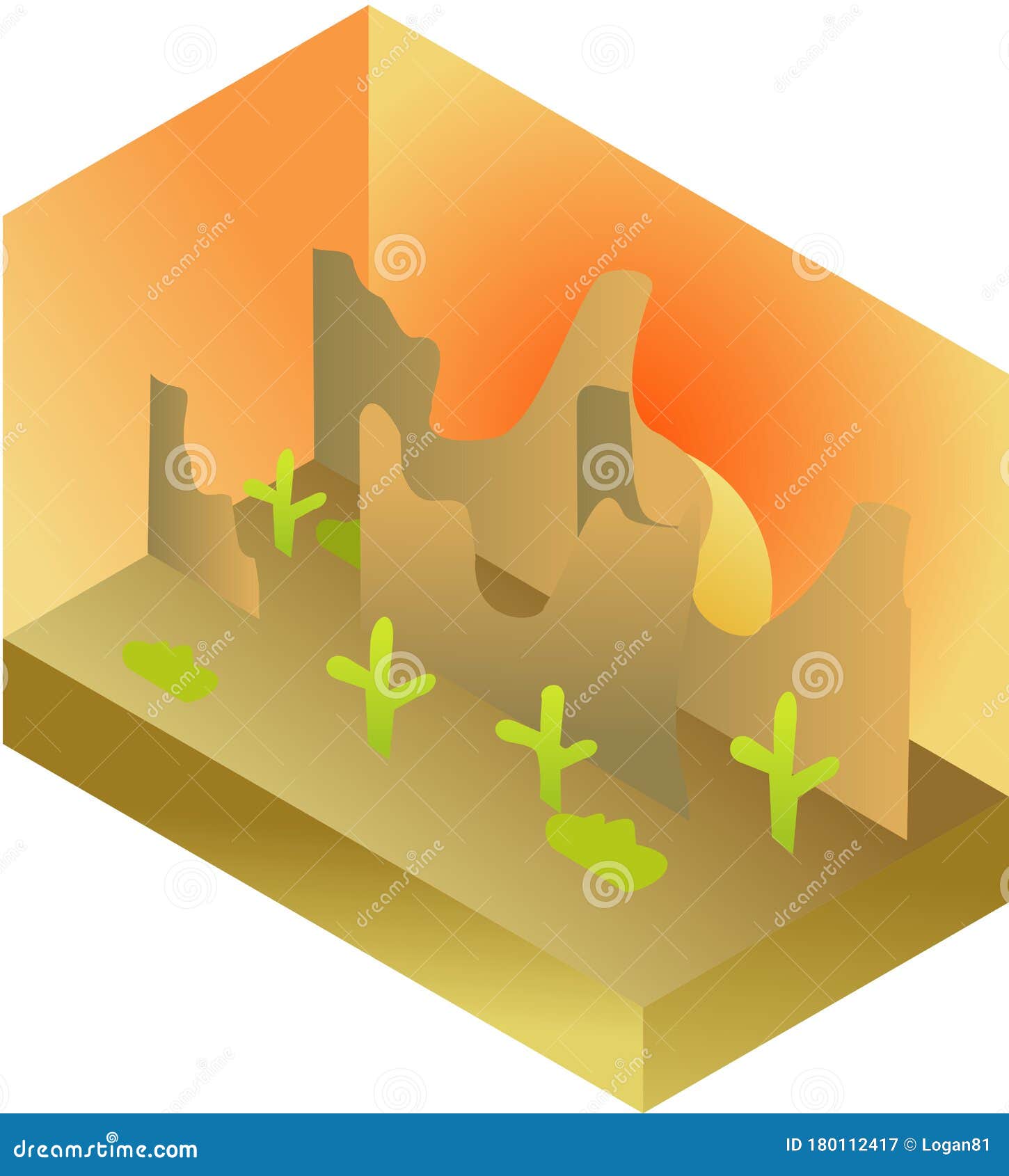 Isometric Desert with Sunset and Cactus Stock Illustration ...