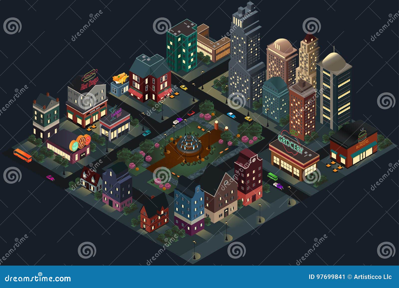 Isometric Design of City Streets and Buildings at Night Stock Vector ...