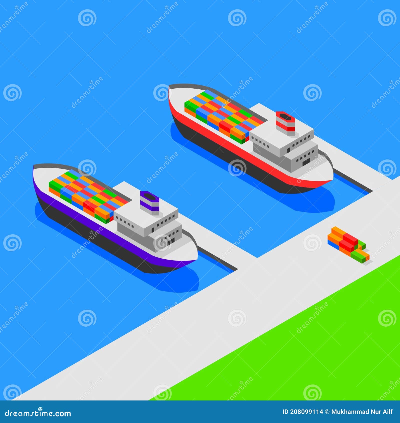 Isometric Design Port and 2 Cargo Ships. for Logistics Transportation ...