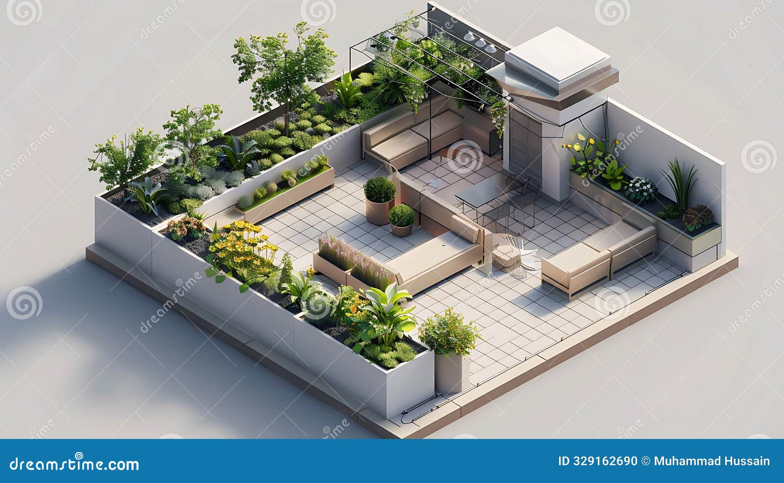 Isometric Design of a Rooftop Garden with Planters and Seating Areas ...