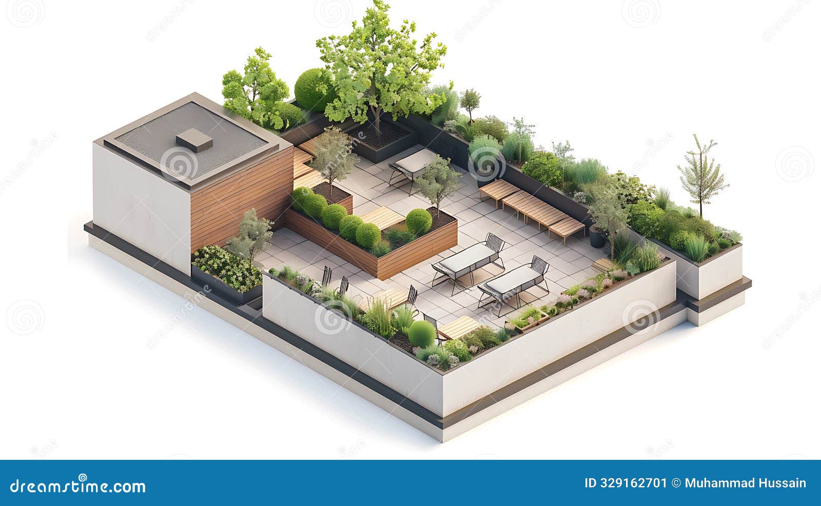 Isometric Design of a Rooftop Garden with Planters and Seating Areas ...