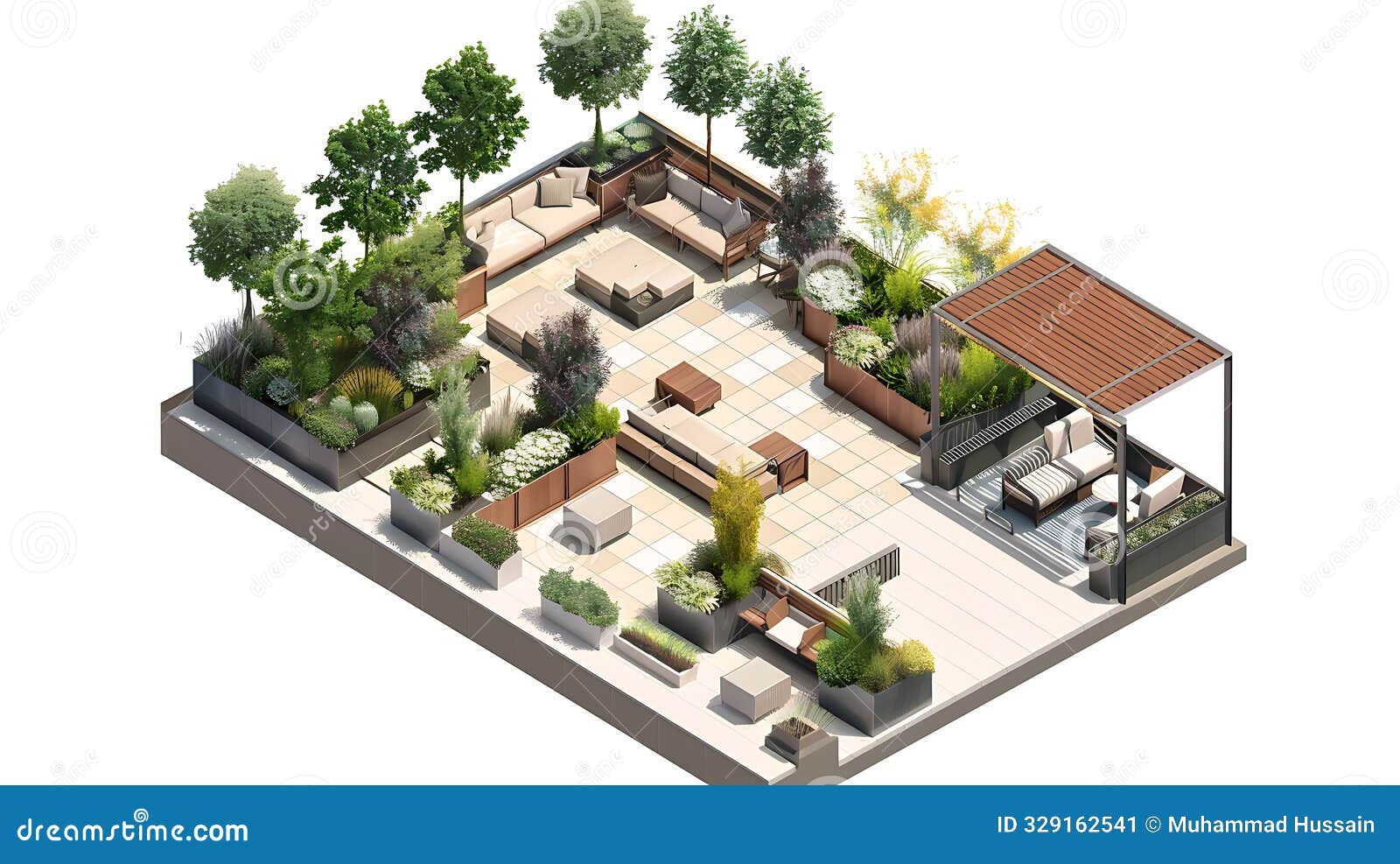 Isometric Design of a Rooftop Garden with Seating Areas and Planters ...