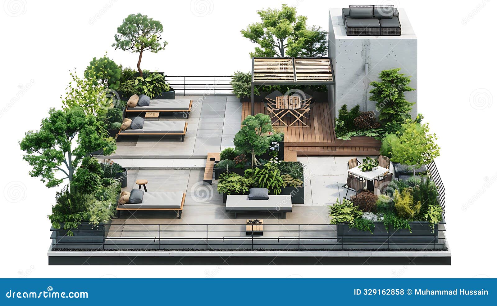 Isometric Design of a Rooftop Garden with Seating Areas and Planters ...