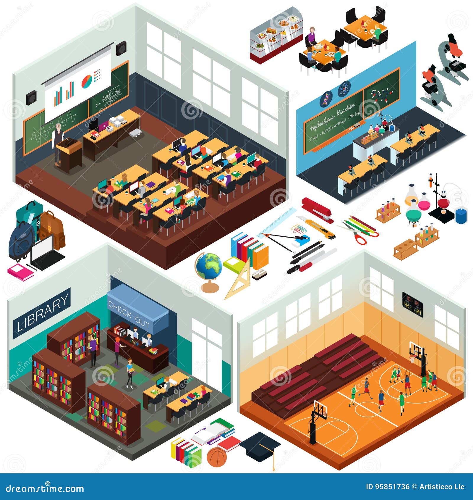 Isometric Design of School Buildings and Classrooms Stock Vector ...