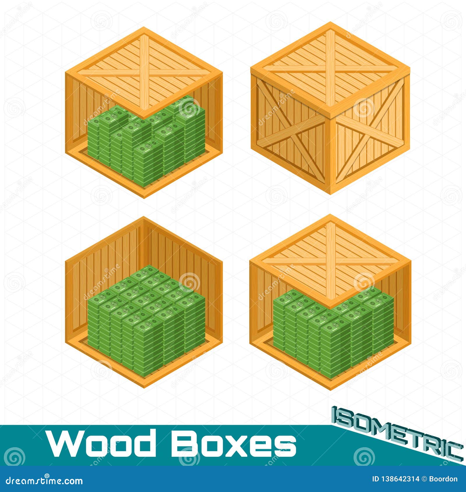 Isometric Different Wood Boxes Closed and Open from Side with Pack of ...