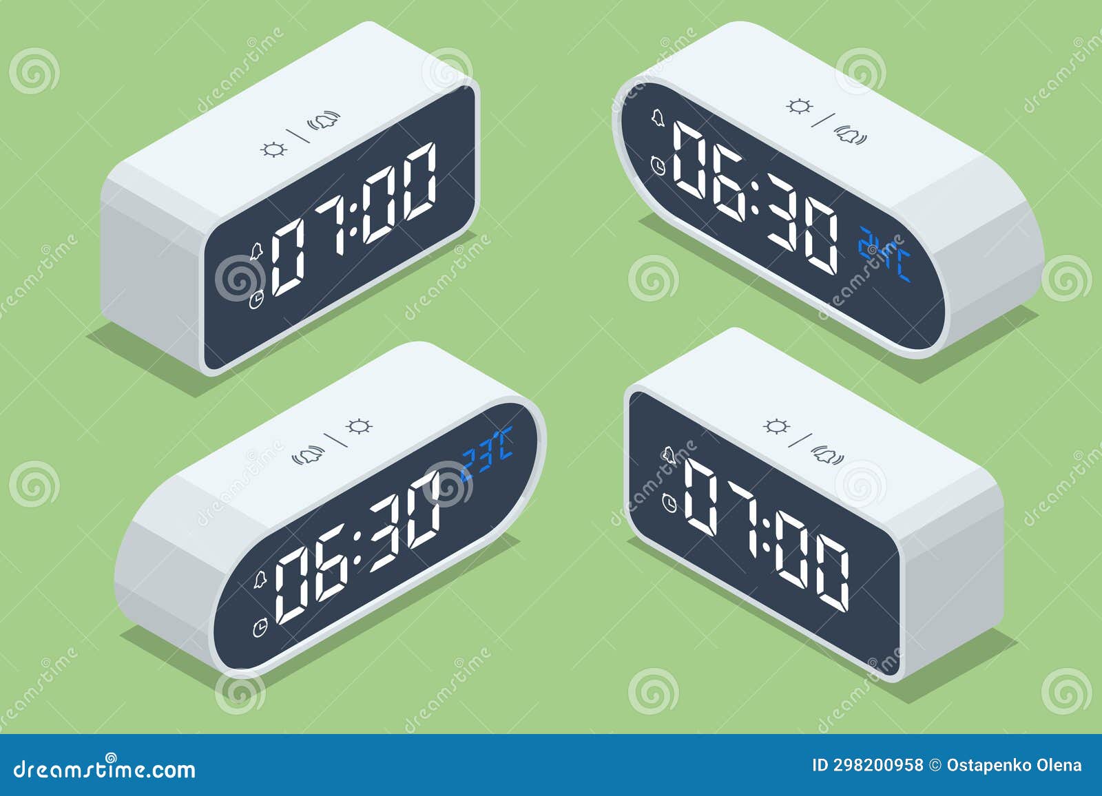 Isometric Digital Alarm Clock with Green Digits. 7 am at the Digital ...