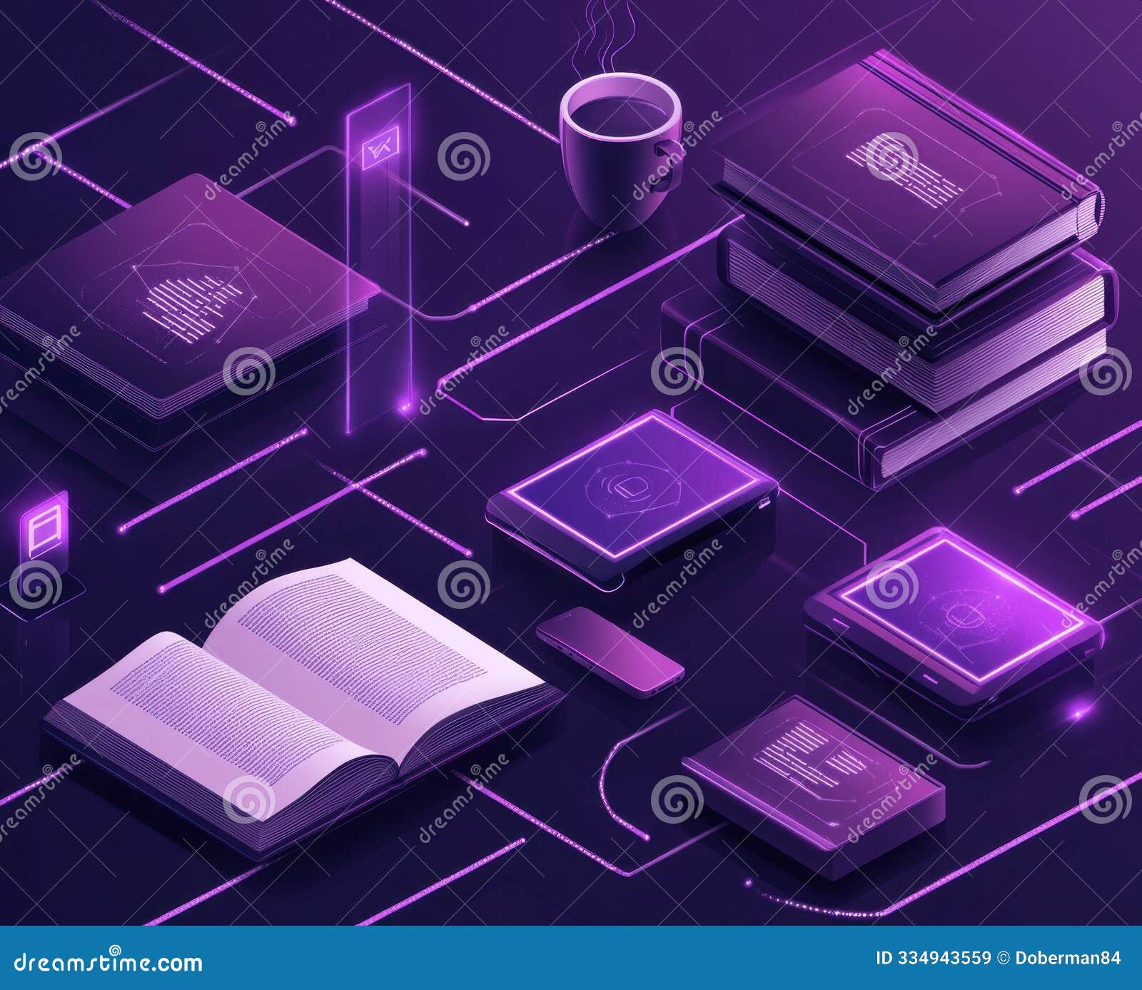 Isometric Digital Illustration Featuring Books, Tablets, and a Coffee ...