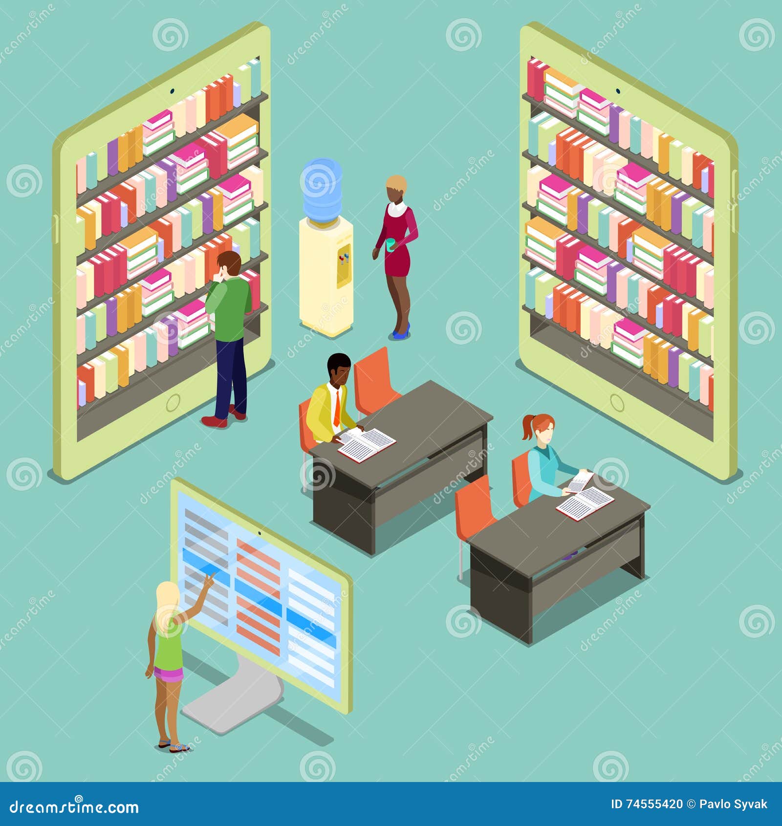 Isometric Digital Library with Bookshelves and Reading People Stock ...