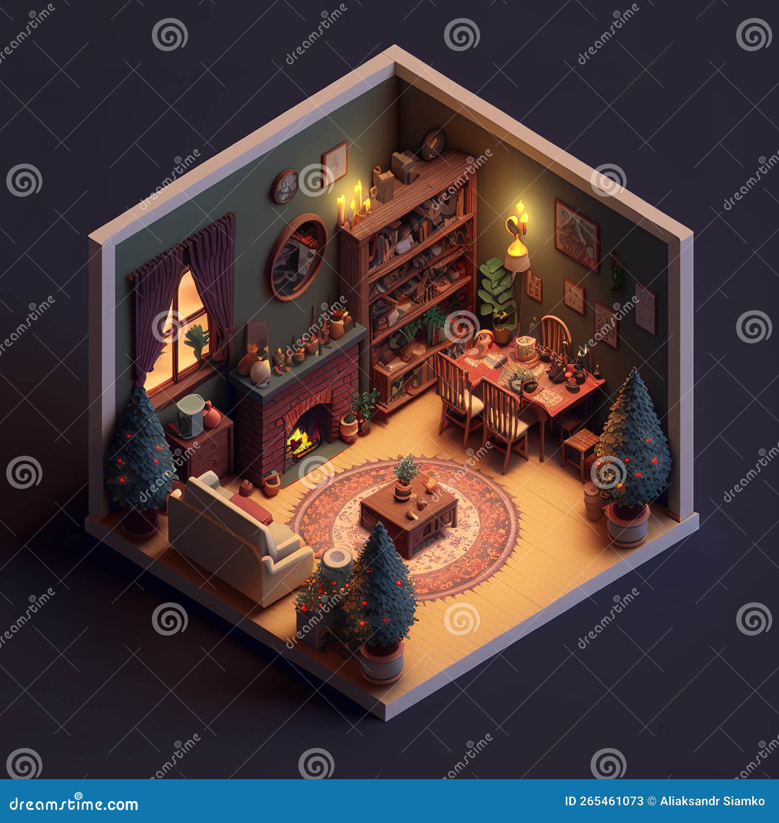 Isometric Diorama of the Interior of a Home Decorated for the Winter ...