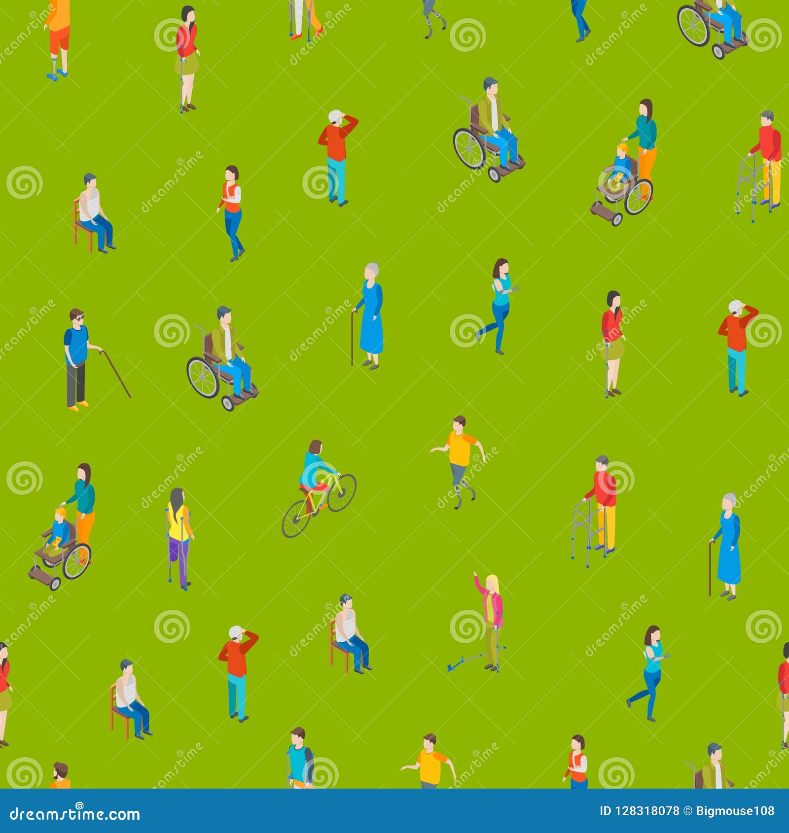Isometric Disabled People Characters Seamless Pattern Background ...