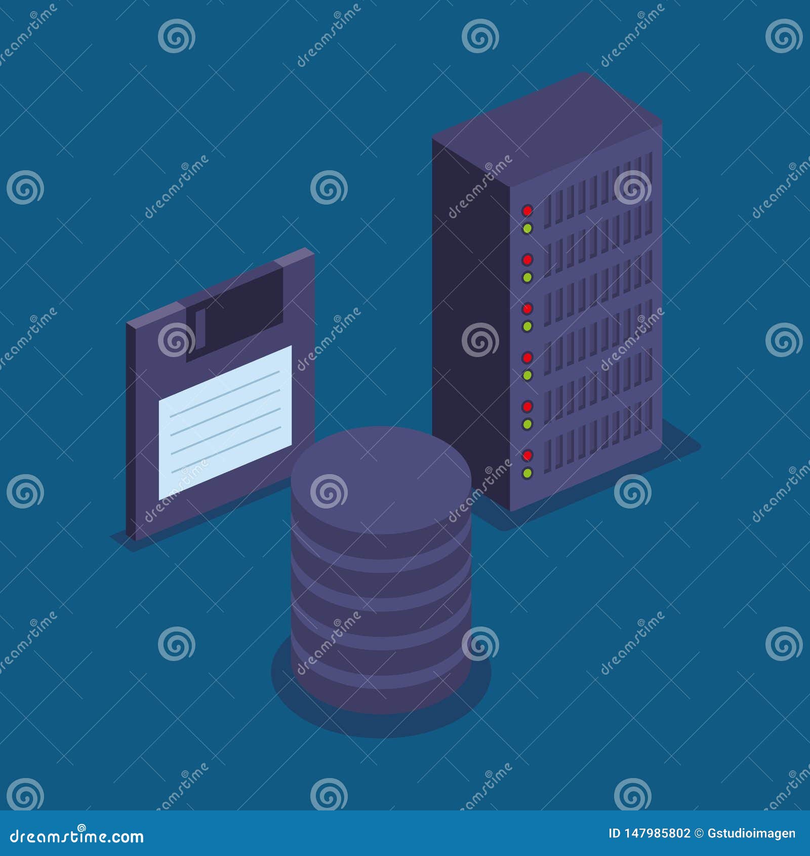 Isometric Diskette with Hard Disk Storage Tower Stock Illustration ...