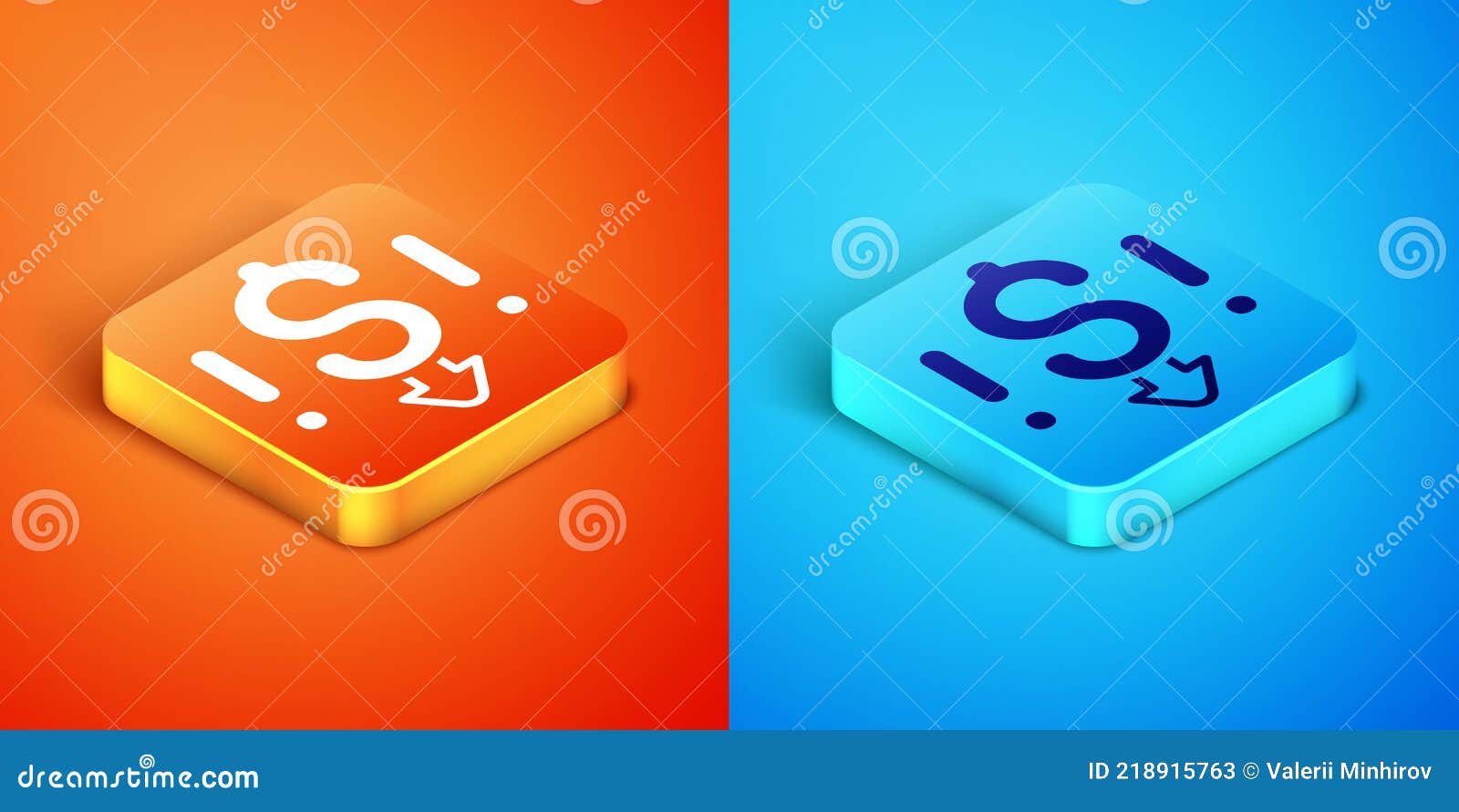 Isometric Dollar Rate Decrease Icon Isolated on Orange and Blue Background. Cost Reduction Stock ...